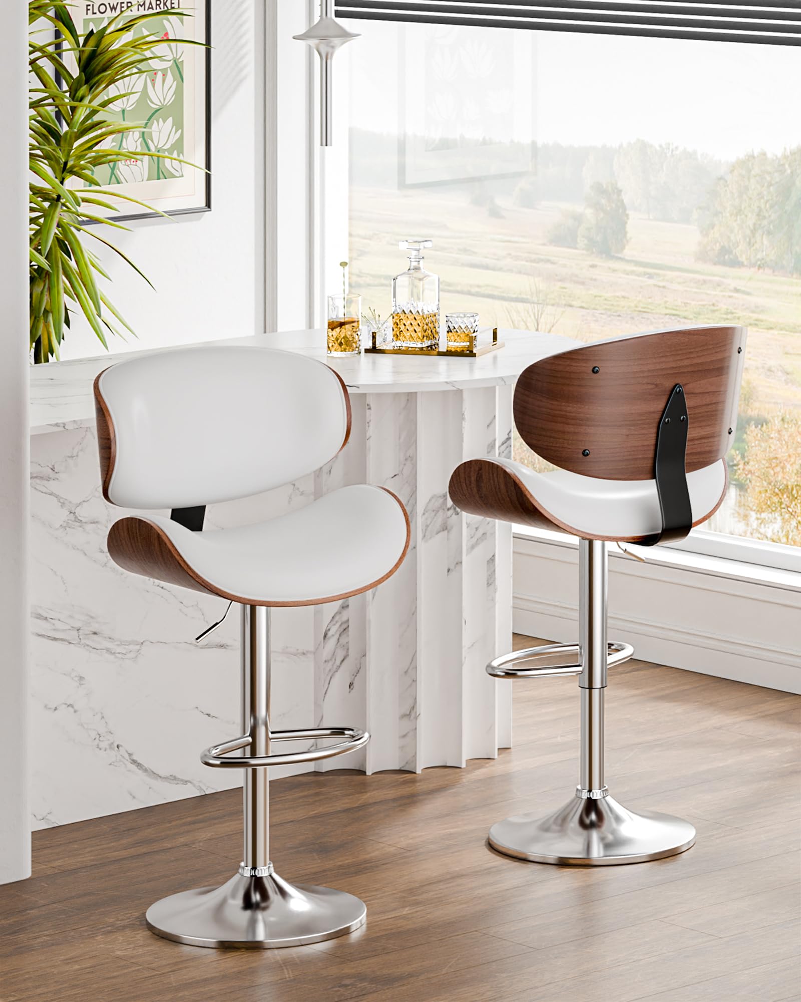 Aowos Bar Stools Set of 2, Adjustable Swivel Leather Bar Stools for Kitchen Island, Mid Century Modern Counter Height Bar Chairs Barstools with Back & Footrest (White)