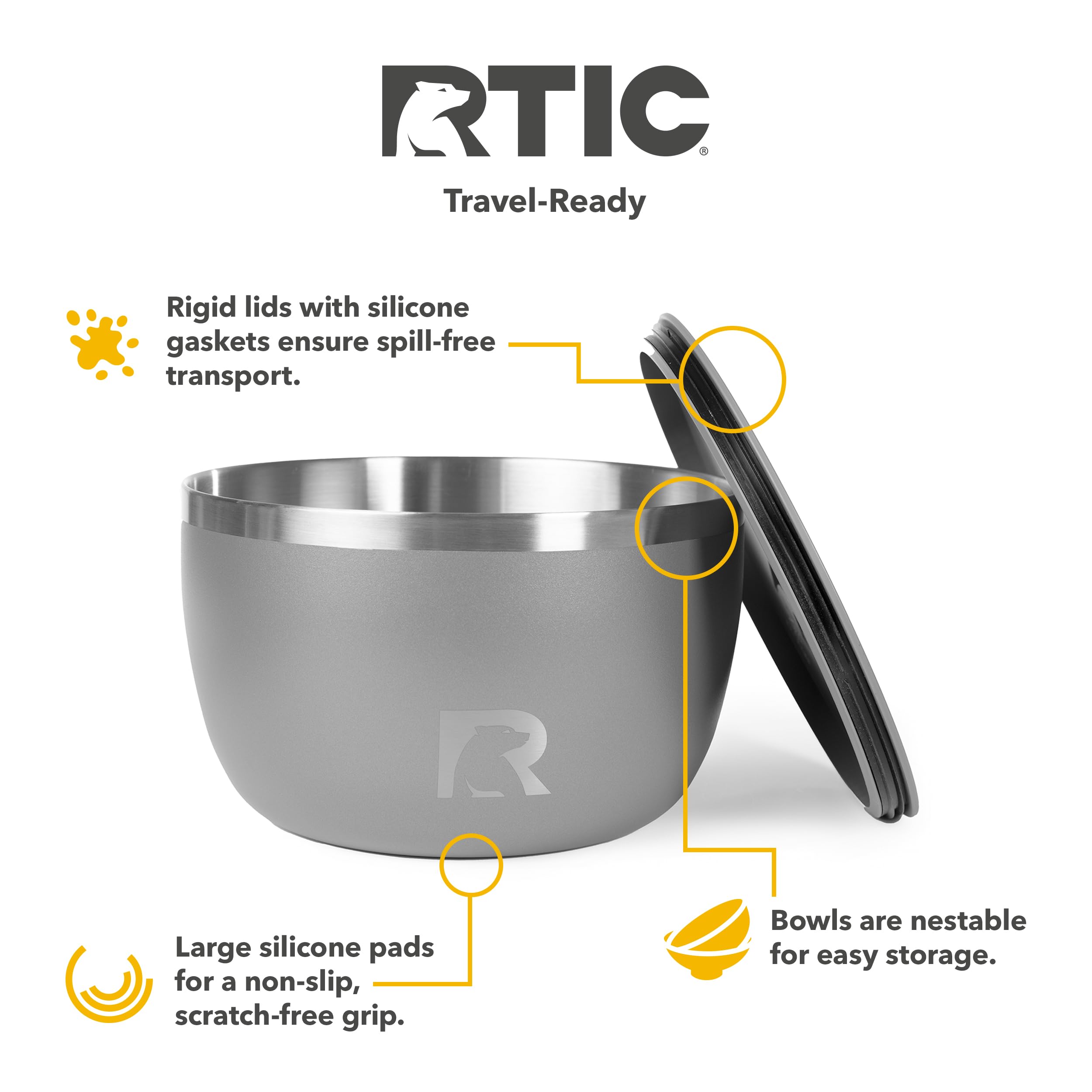 RTIC Anywhere Stainless Steel Bowl Set Of Two, Camping Bowls With Lids, Vacuum Insulated, Stackable Durable Outdoor Dinnerware, Non Slip, Dishwasher Safe, Dinner Outside, Campfires Travel, Graphite