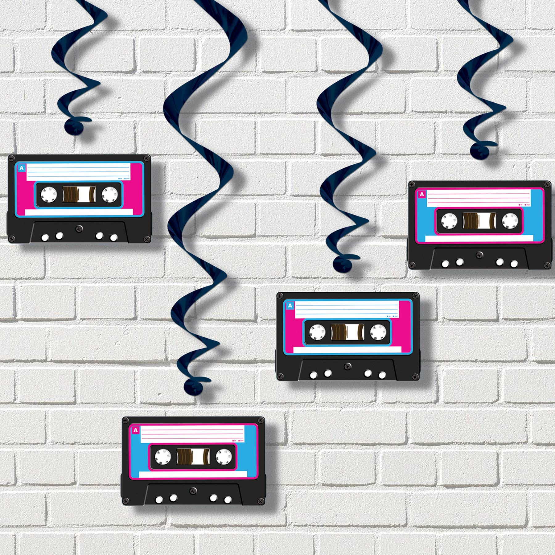 Beistle 10 Piece 80's Theme Cassette Tape Swirls 1980's Retro Hanging Whirl Decorations, 39", Multicolor