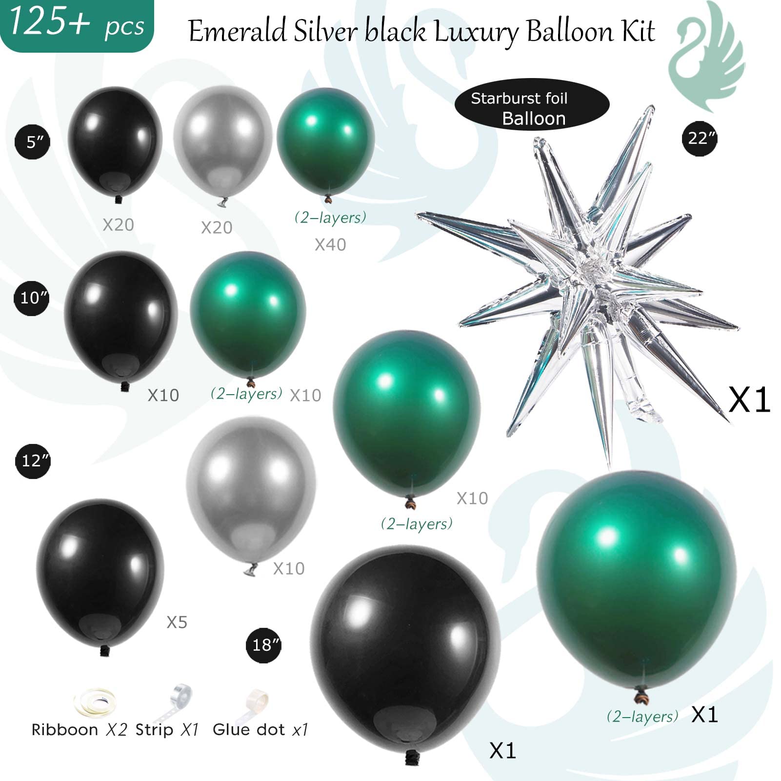 Emerald Green Silver Balloon Garland Arch Kit Double Stuffed Dark Green Black Balloons With Silver Star Balloons for Luxury Birthday Party Christmas grad decorations 2025 Decorations