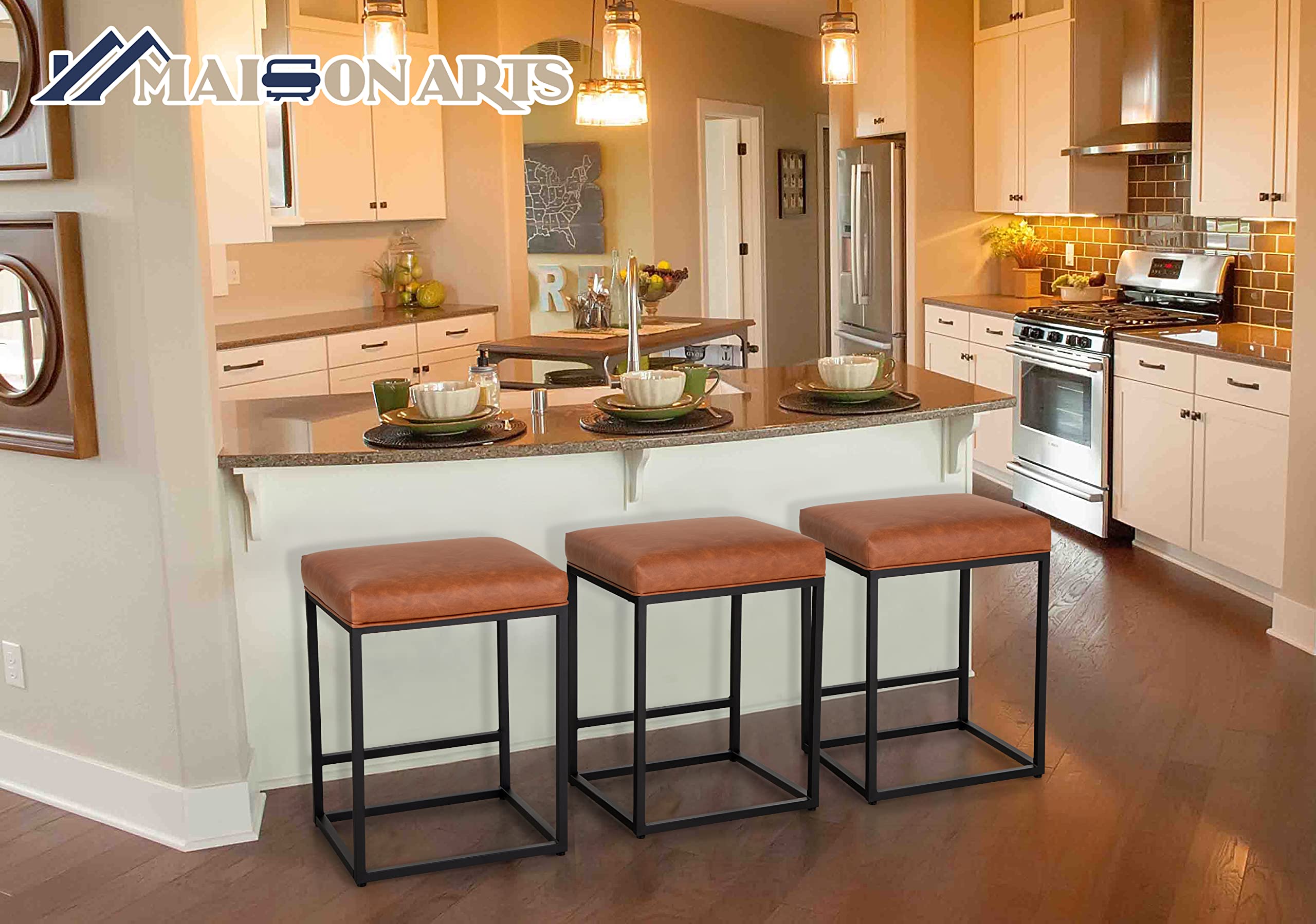 MAISON ARTS Counter Height Bar Stools Set of 3 for Kitchen Counter 24 Inch Backless Modern Barstools Industrial Upholstered Faux Leather Stools Farmhouse Island Chairs, Brown