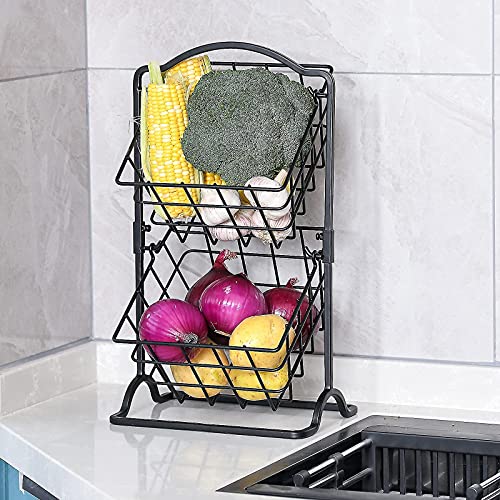 Wetheny 2 Tier Fruit Basket Fruit Bowl for Kitchen Counter,Bread,Fruit and Vegetable Holder Storage Basket,Wire Hanging Basket stand for Kitchen Organizer