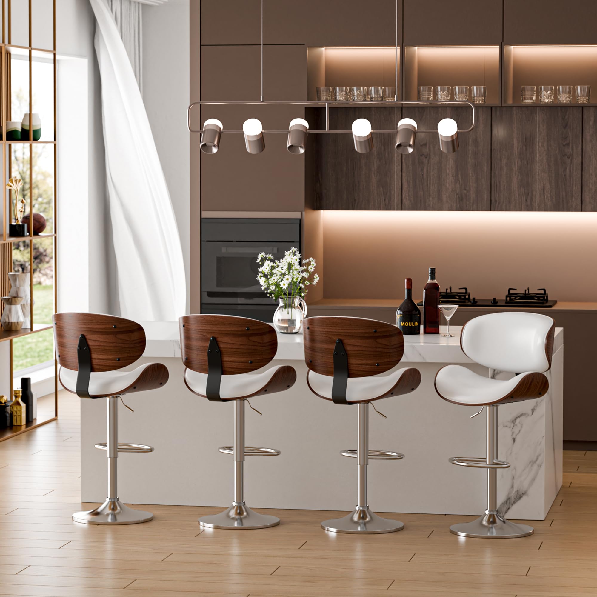 Aowos Bar Stools Set of 2, Adjustable Swivel Leather Bar Stools for Kitchen Island, Mid Century Modern Counter Height Bar Chairs Barstools with Back & Footrest (White)