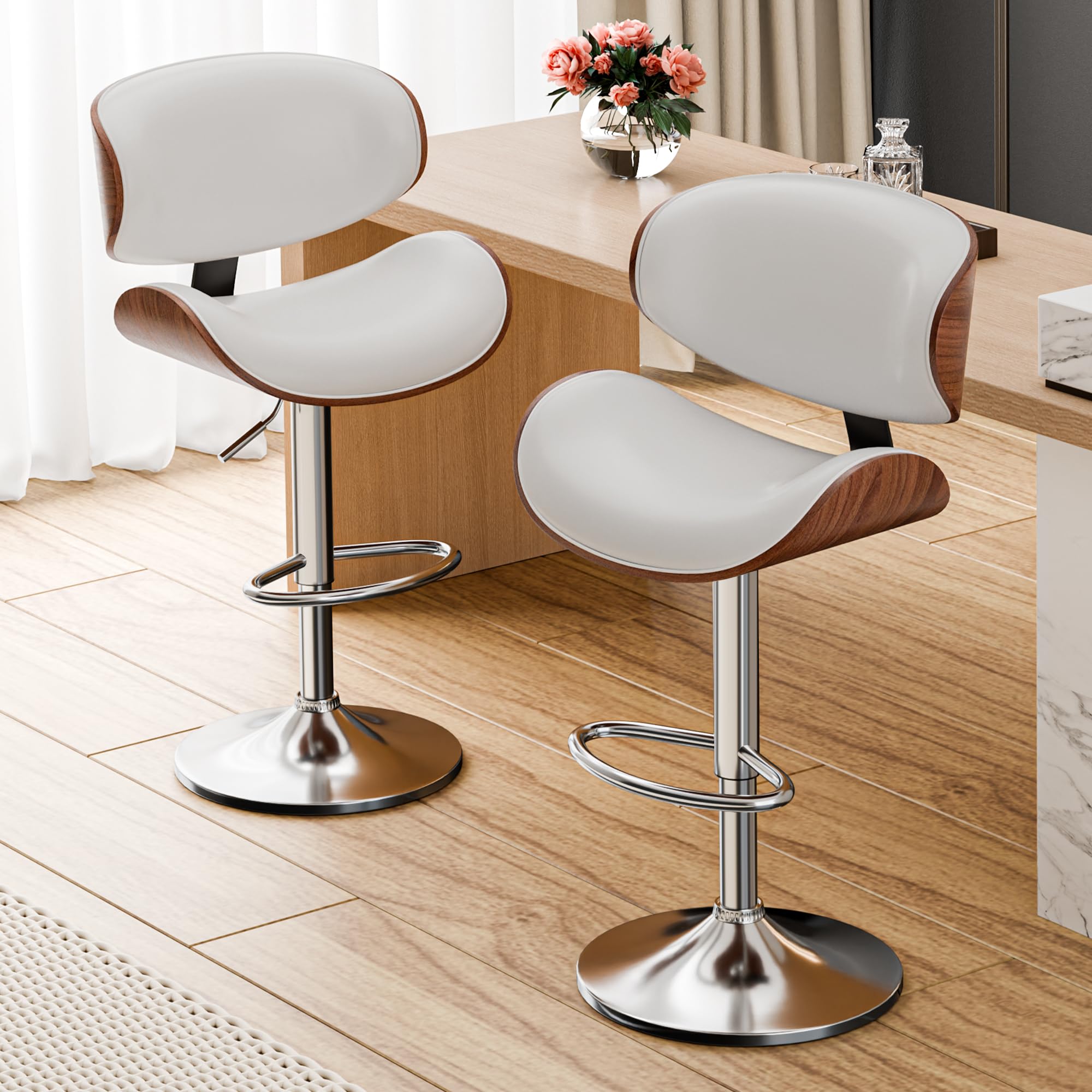 Aowos Bar Stools Set of 2, Adjustable Swivel Leather Bar Stools for Kitchen Island, Mid Century Modern Counter Height Bar Chairs Barstools with Back & Footrest (White)