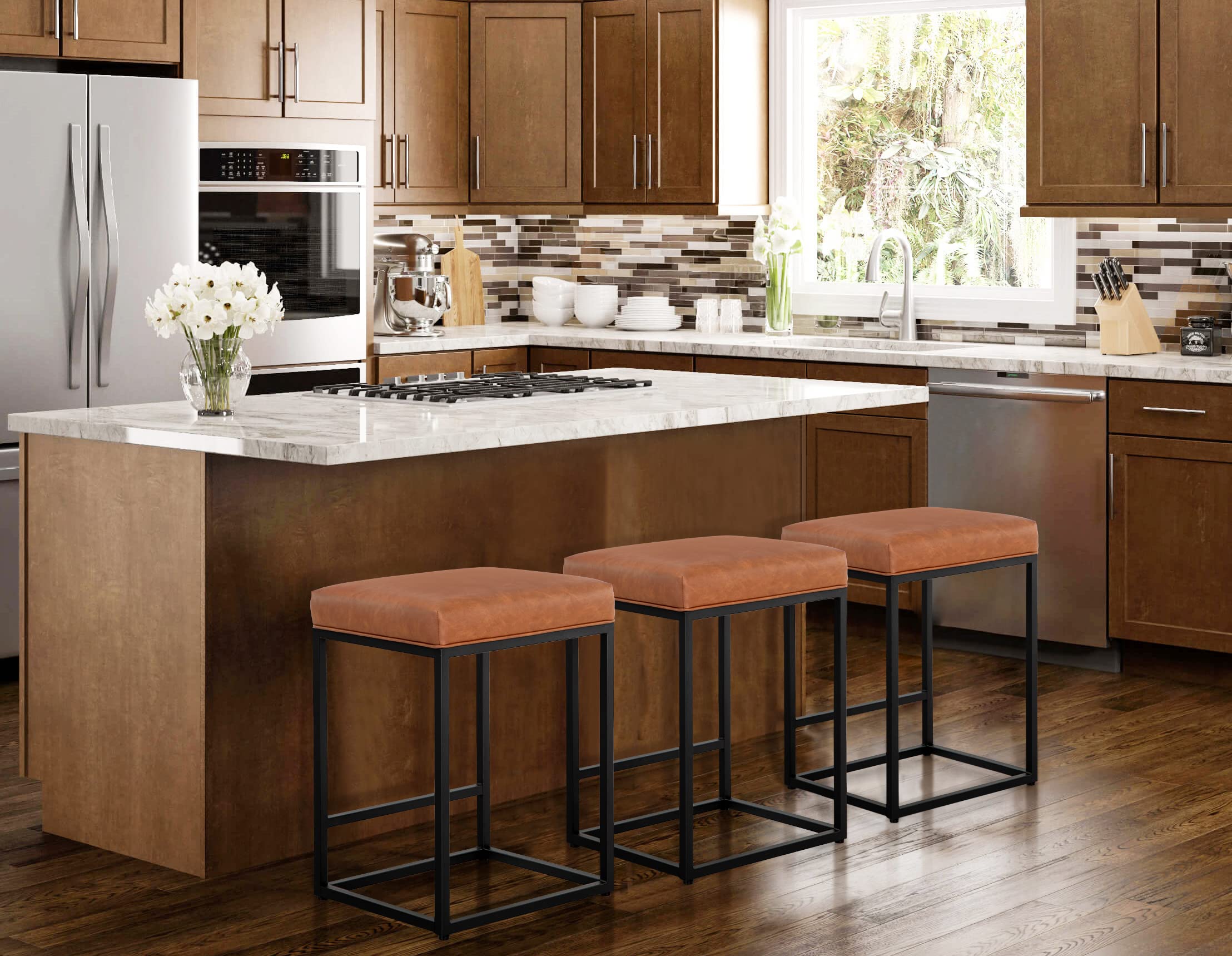 MAISON ARTS Counter Height Bar Stools Set of 3 for Kitchen Counter 24 Inch Backless Modern Barstools Industrial Upholstered Faux Leather Stools Farmhouse Island Chairs, Brown