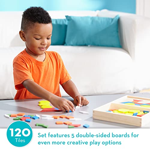 Melissa & Doug Pattern Blocks and Boards - Classic Toy With 120 Solid Wood Shapes and 5 Double-Sided Panels, Multi-colored - STEAM Toy, Wooden Pattern Blocks Animals, Tangrams Puzzle For Kids Ages 3+