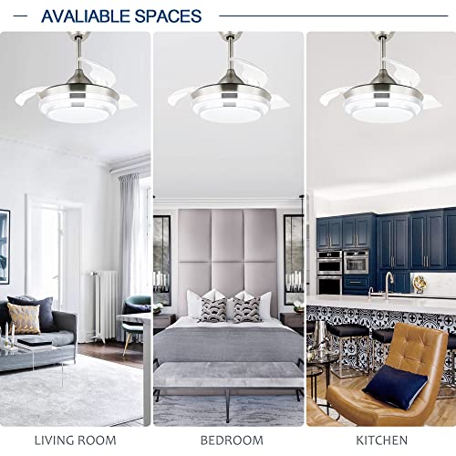 FebFurniture 36" Retractable Ceiling Fan with Lights, Modern Ceiling Fan with Retractable Blades, Silent Motor, 3 Light Color Change, Brushed Nickel