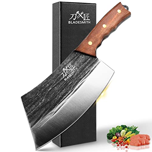 BLADESMITH Meat Cleaver Knife, Forged Butcher Knife with Lightweight and Effortless Design, Full Tang Chopping Knife with German High Carbon Steel, Comfortable PearWood Handle, 7'' Chinese Chef Knife