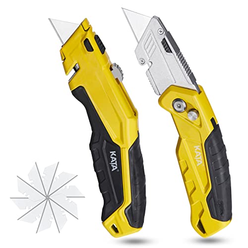 KATA 2Pack Utility Knife Box Cutter Retractable Folding Razor Knife Set Heavy Dudy Safety Cutter, 10pcs SK5 Sharp Blades Included, Yellow