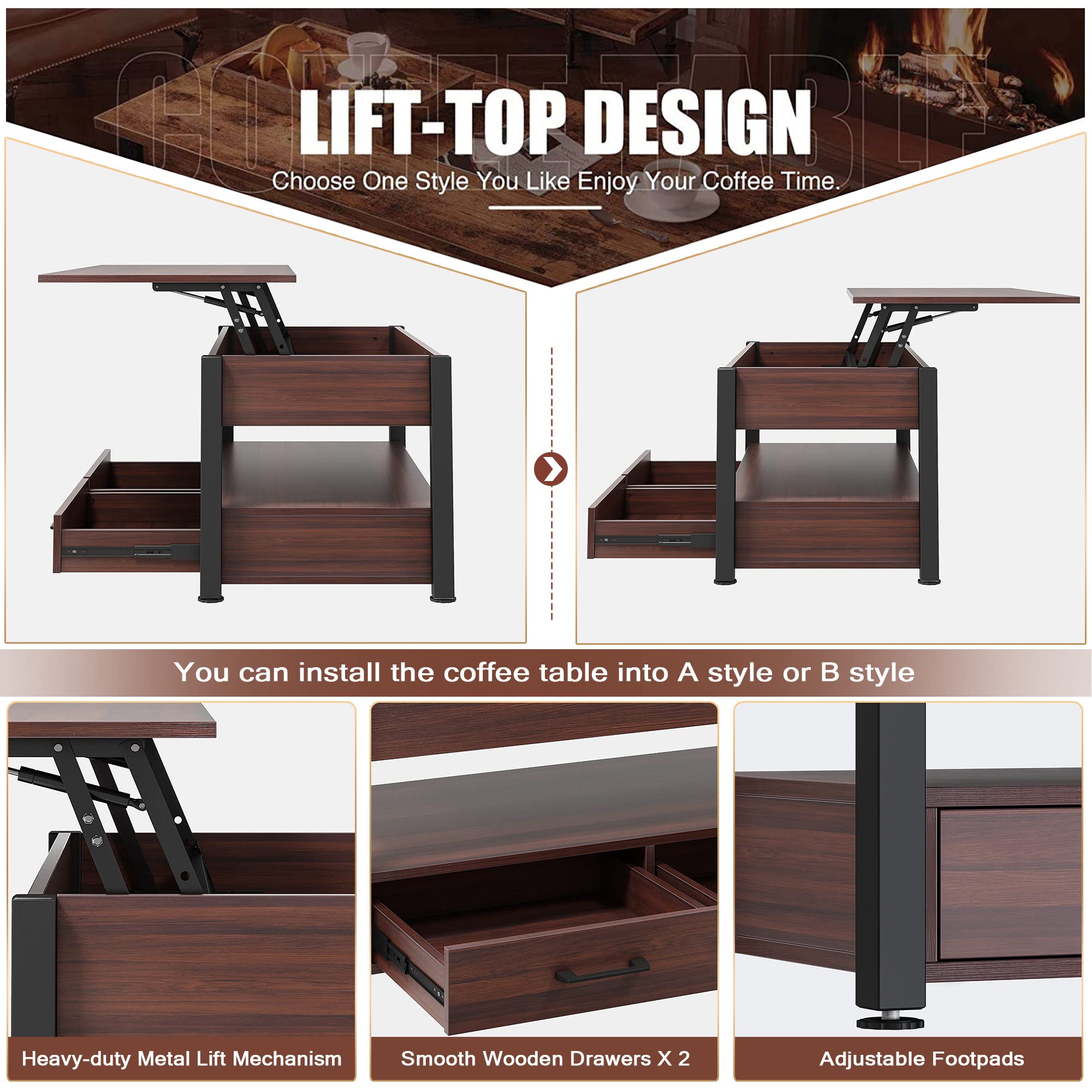 Osfvolr Lift Top Coffee Table, Coffee Table with Storage Drawers and Adjustable Metal Legs, Vintage Wood Living Room Tables with Hidden Compartment and Open Shelf, Espresso