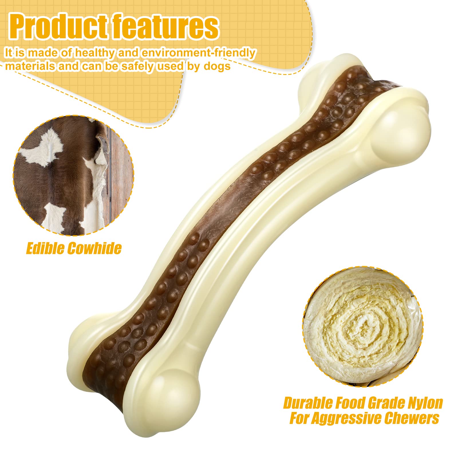Sosation 3 Pack Chew Toys for Aggressive Chewers, Bone Toys Nylon Beef Flavor Dog Teething Toys for Large/Medium/Small Puppies Breeds(Large, Curved Bone)