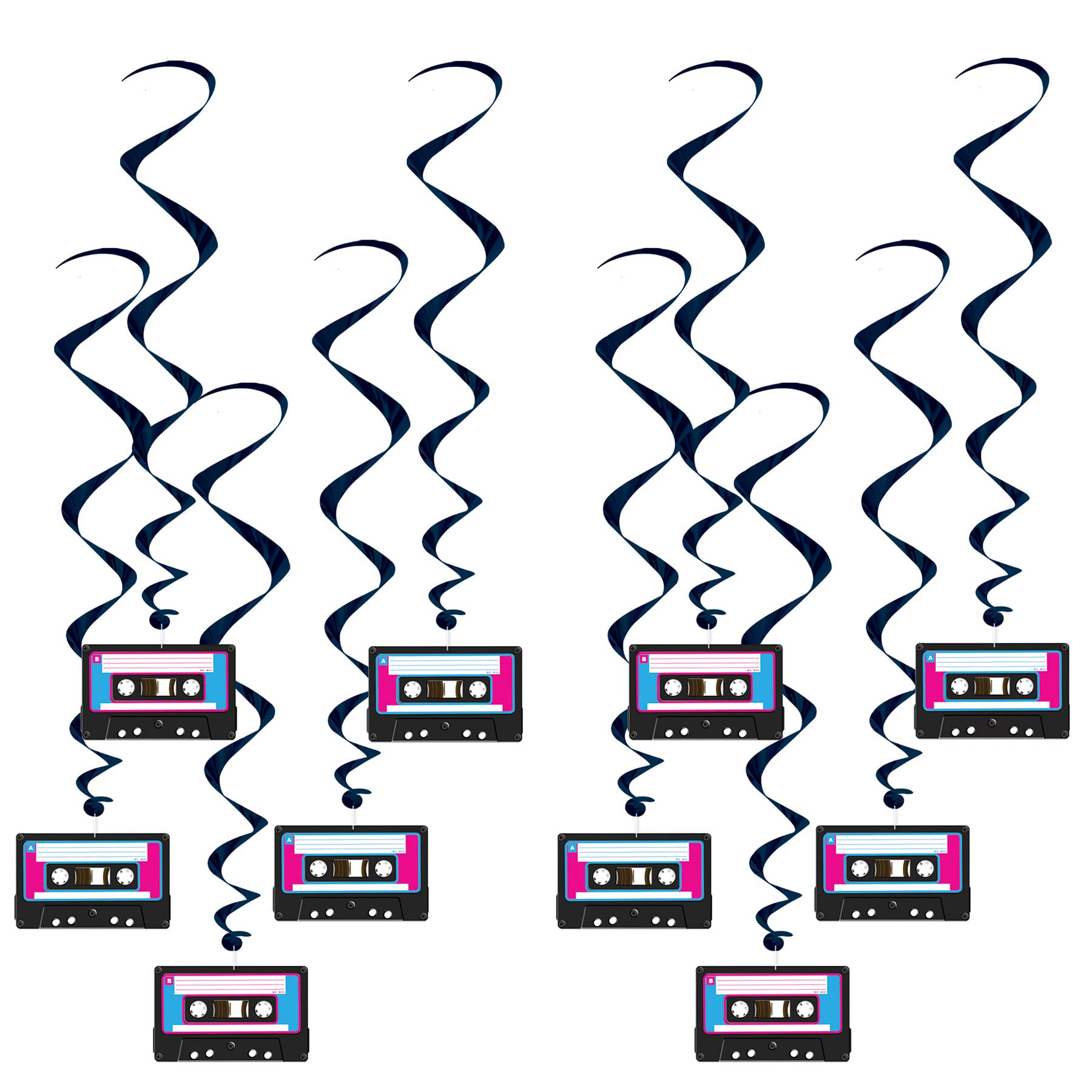 Beistle 10 Piece 80's Theme Cassette Tape Swirls 1980's Retro Hanging Whirl Decorations, 39", Multicolor