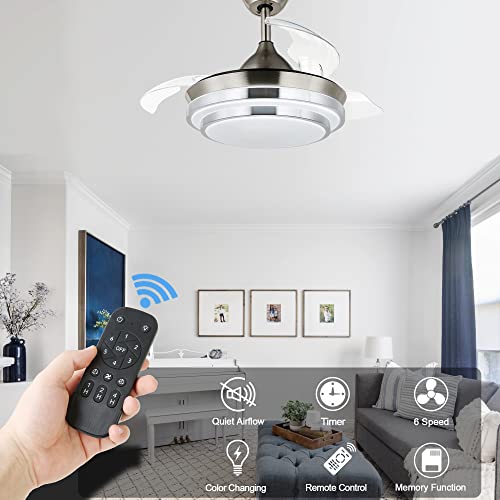FebFurniture 36" Retractable Ceiling Fan with Lights, Modern Ceiling Fan with Retractable Blades, Silent Motor, 3 Light Color Change, Brushed Nickel