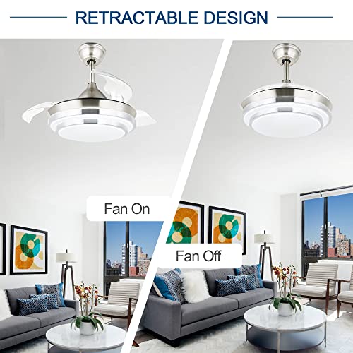 FebFurniture 36" Retractable Ceiling Fan with Lights, Modern Ceiling Fan with Retractable Blades, Silent Motor, 3 Light Color Change, Brushed Nickel