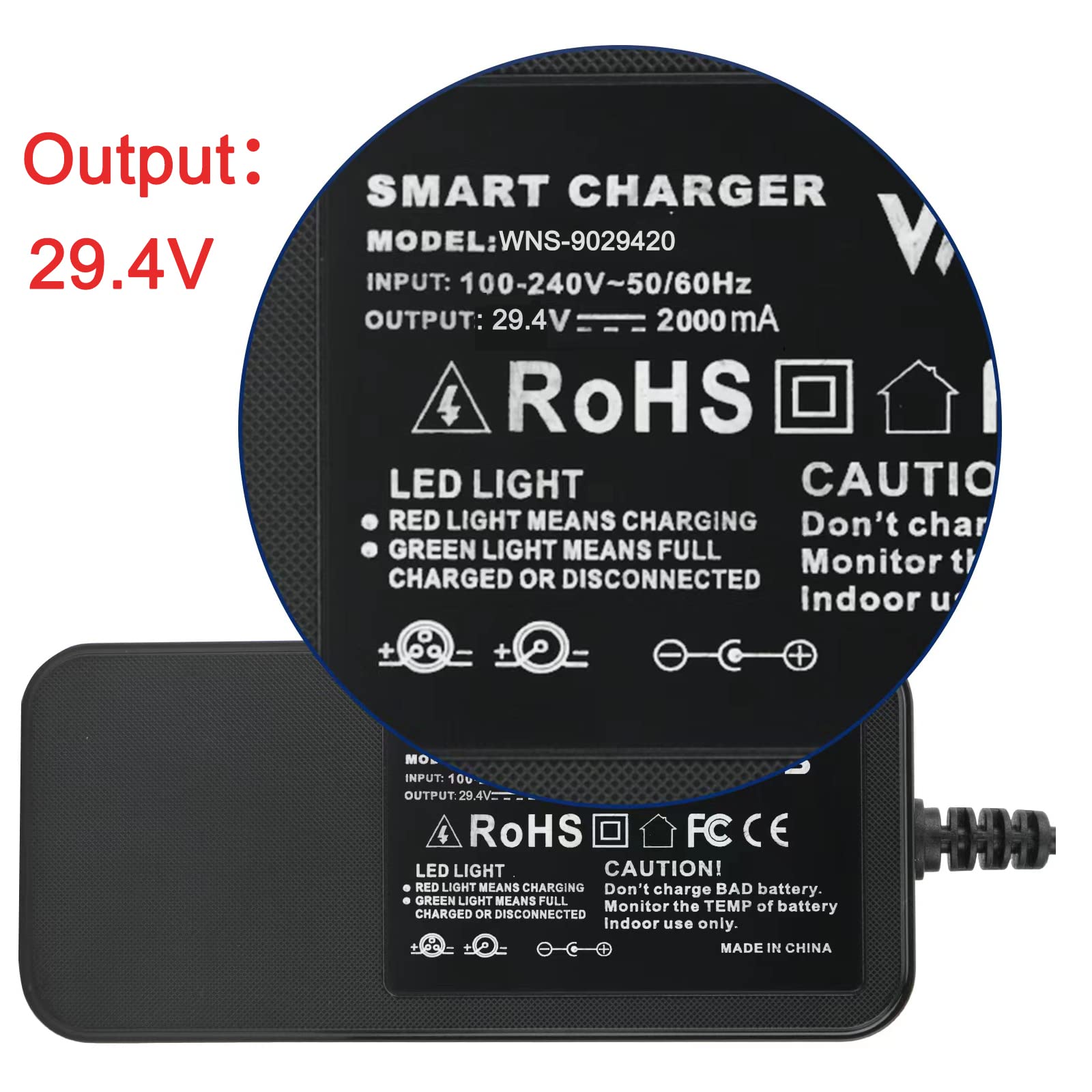 29.4V 2A Battery Charger 3 Plugs Universal Replacement with 5.5mm 1-Prong DC Plug and 8mm & 12mm 3-Prong Connectors
