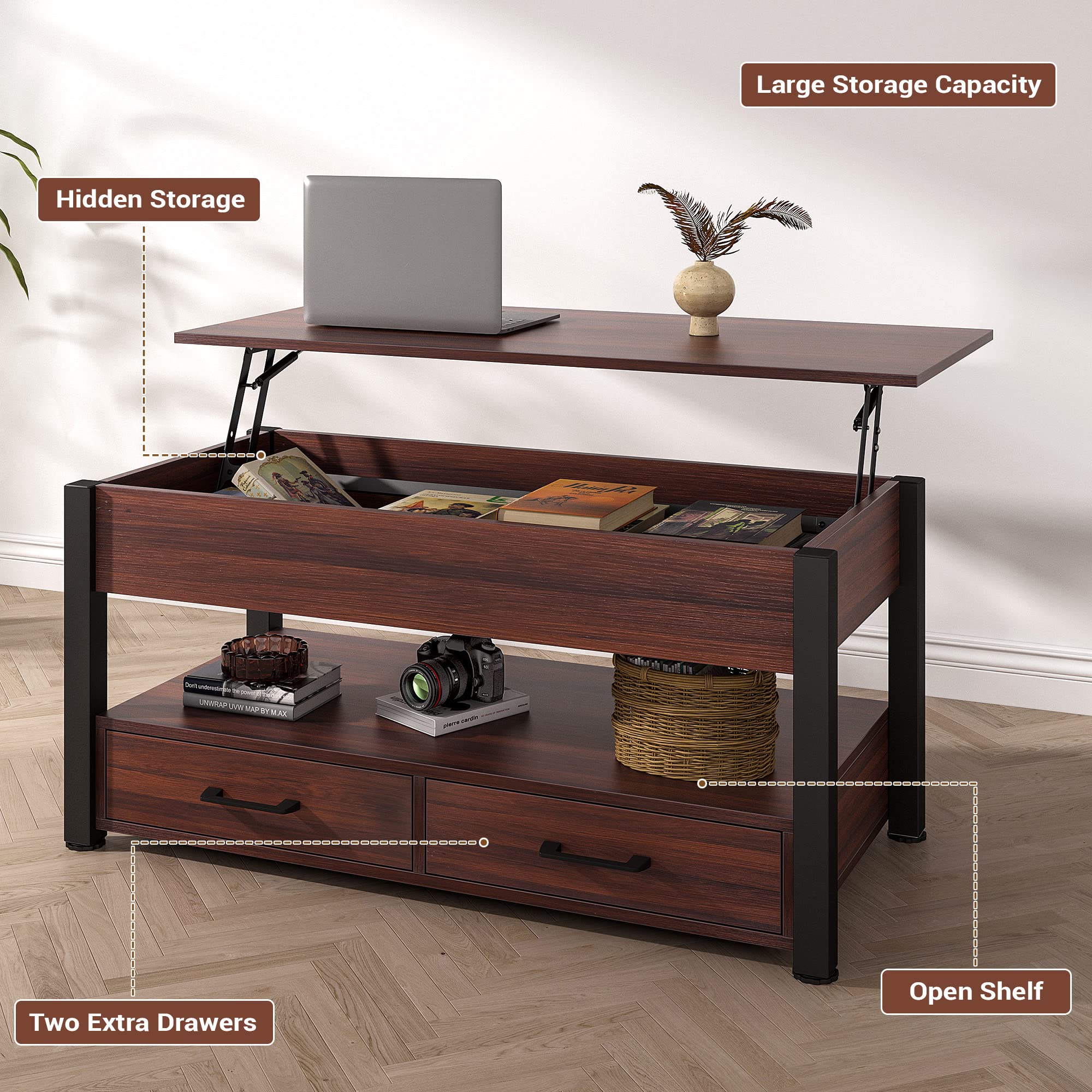 Osfvolr Lift Top Coffee Table, Coffee Table with Storage Drawers and Adjustable Metal Legs, Vintage Wood Living Room Tables with Hidden Compartment and Open Shelf, Espresso
