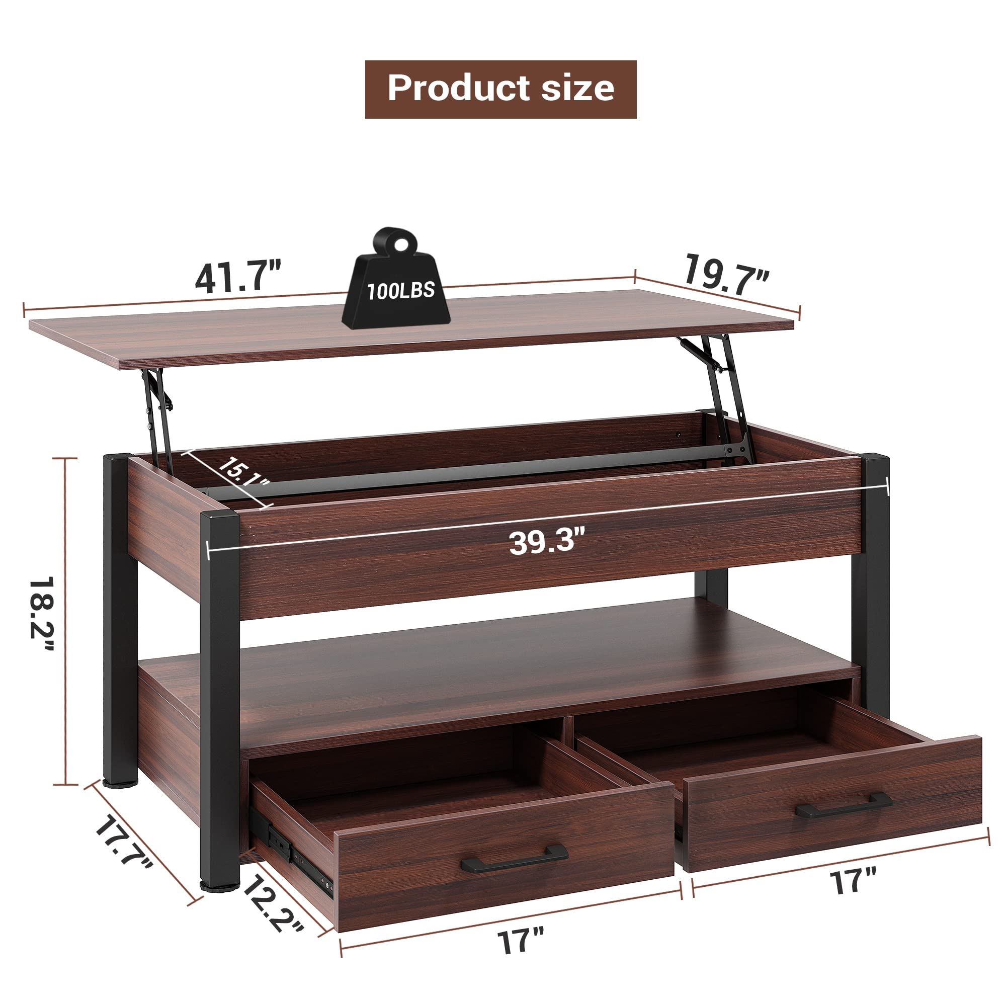 Osfvolr Lift Top Coffee Table, Coffee Table with Storage Drawers and Adjustable Metal Legs, Vintage Wood Living Room Tables with Hidden Compartment and Open Shelf, Espresso