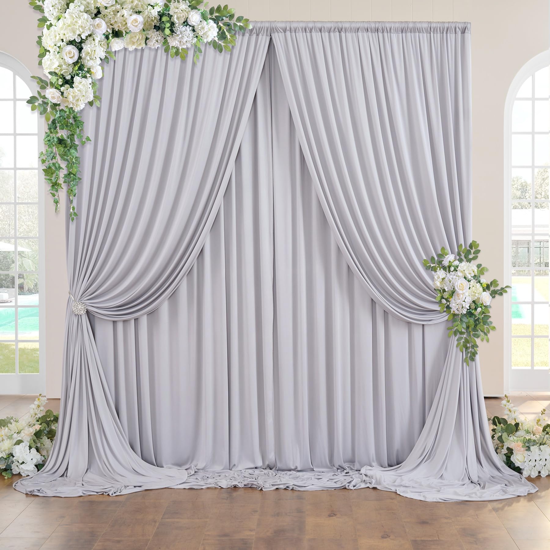 10ftx10ft Silver Wrinkle-Free Backdrop Drapes, Not See-Through Silver Polyester Background Curtains Backdrop Decorations for Party