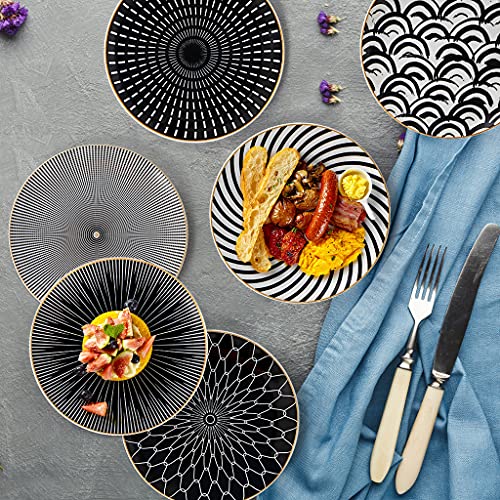 Sanbege 6 Pcs Porcelain Salad Plates, 8" Ceramic Serving Plates, Mix Match Dishes for Sandwich, Pasta, Steak, Dessert (Black and White)