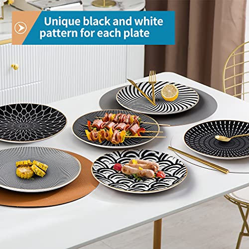 Sanbege 6 Pcs Porcelain Salad Plates, 8" Ceramic Serving Plates, Mix Match Dishes for Sandwich, Pasta, Steak, Dessert (Black and White)