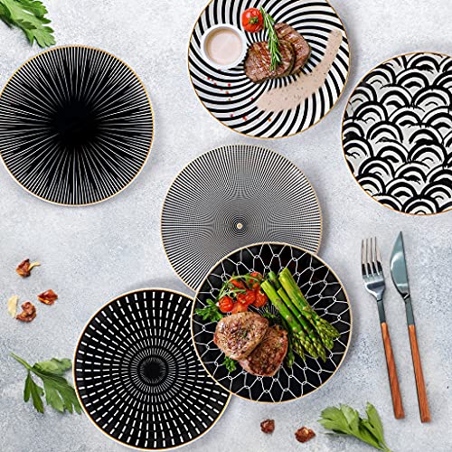 Sanbege 6 Pcs Porcelain Salad Plates, 8" Ceramic Serving Plates, Mix Match Dishes for Sandwich, Pasta, Steak, Dessert (Black and White)