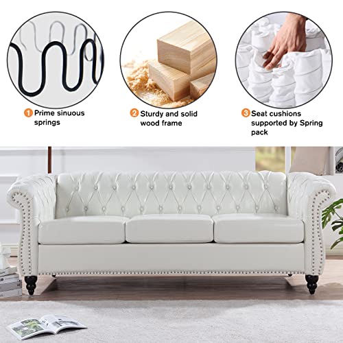 Wlvos 84" Leather Chesterfield Sofas for Living Room, Rolled Arm 3-Seater Large Couch Deep Button Nailhead Tufted Upholstered Couches for Bedroom, Office Apartment Easy to Assemble (Beige)