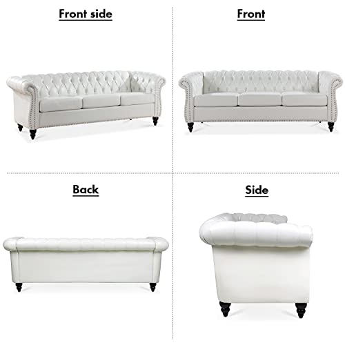 Wlvos 84" Leather Chesterfield Sofas for Living Room, Rolled Arm 3-Seater Large Couch Deep Button Nailhead Tufted Upholstered Couches for Bedroom, Office Apartment Easy to Assemble (Beige)