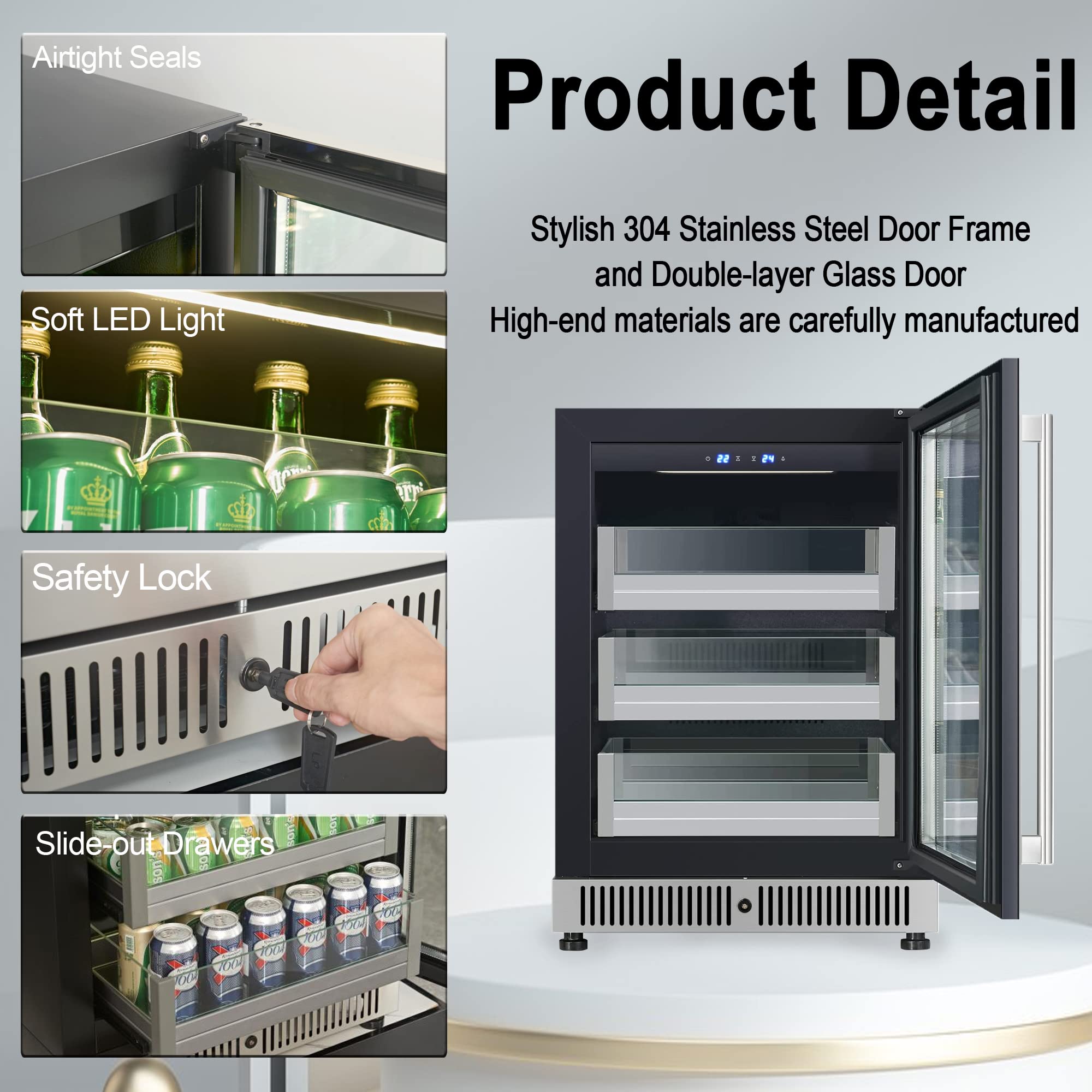 MGMEDOS Beverage Refrigerators 24 Inch Built-in Freestanding Stainless Steel Mini Fridge Beverage Cooler (Glass Door)