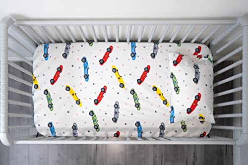 AREVENT 100% Organic Cotton Crib Sheet Set (2 Pieces)â Car Print Kids Bedding Set â GOTS Certified, Made in USA, 250 Thread Count (Crib/Toddler Sheet Set, Cars)