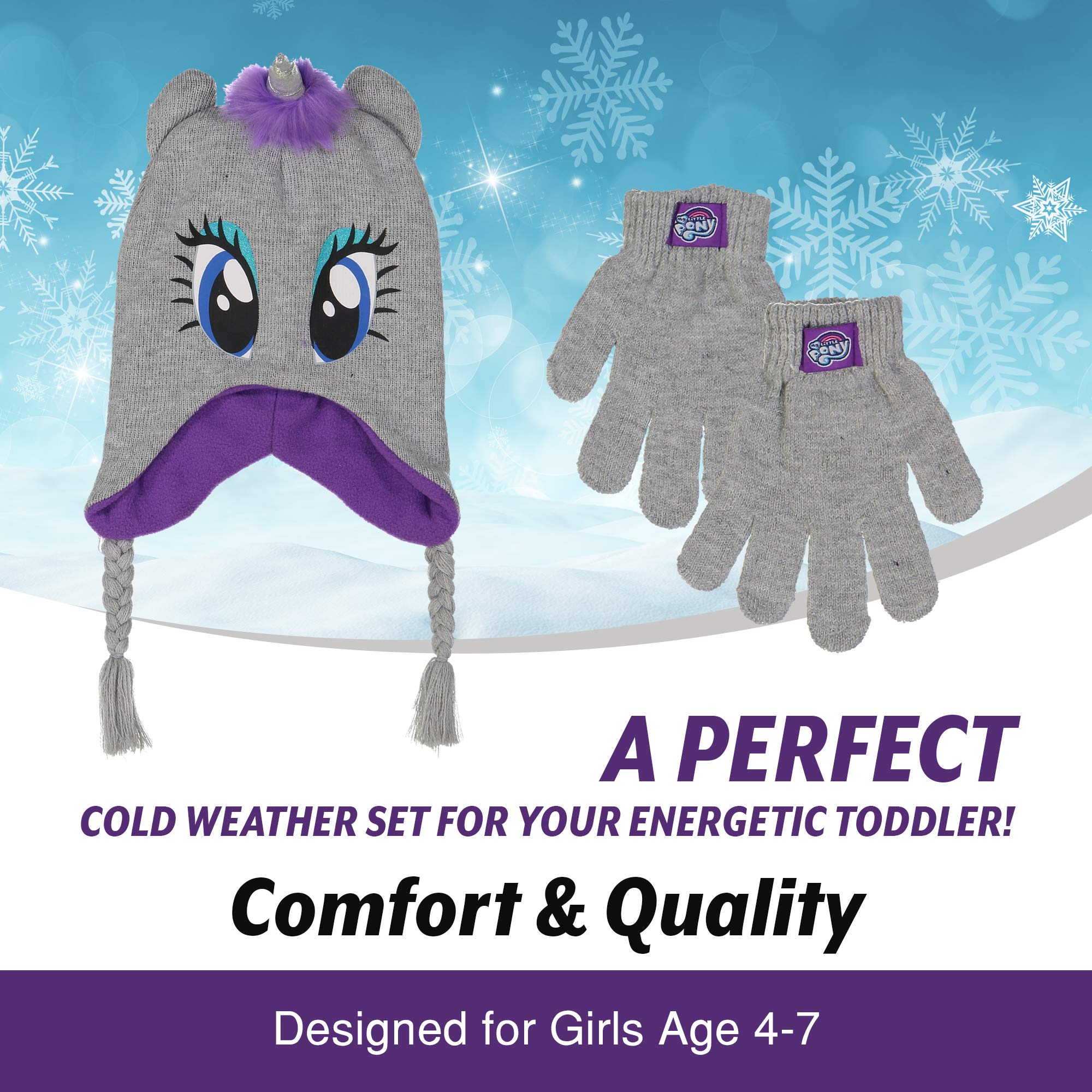 Girls Knitted Animal Beanie Winter Hat and Glove Set Purple Unicorn