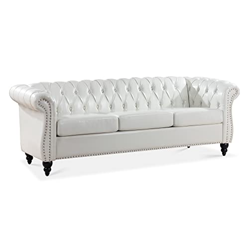 Wlvos 84" Leather Chesterfield Sofas for Living Room, Rolled Arm 3-Seater Large Couch Deep Button Nailhead Tufted Upholstered Couches for Bedroom, Office Apartment Easy to Assemble (Beige)