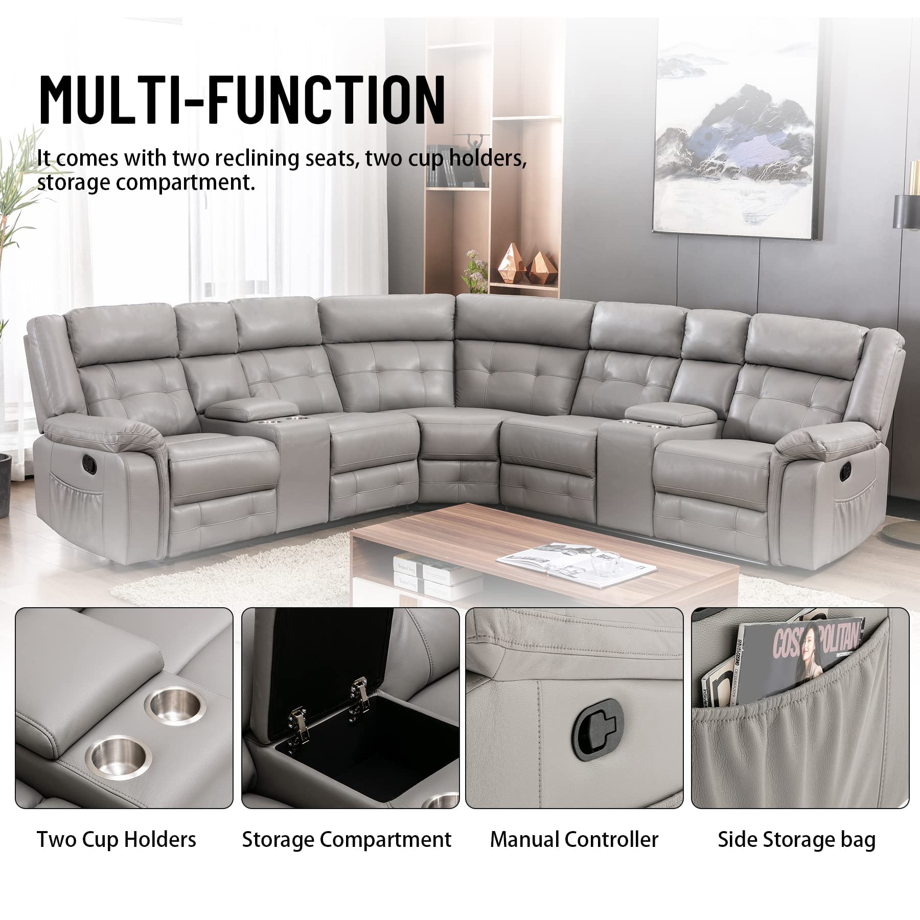 Nathaniel Home PU Leather Sectional Sofa Set with 2 Consoles Fashion Living Room Recliner Chair with Storage Box, L-Shaped Corner Couch with Cup Holders, Foggy Grey