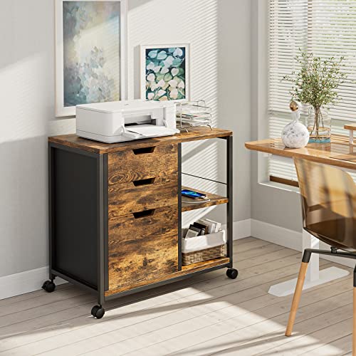 YaFiti Wood File Cabinet for Home Office, 3 Drawer Lateral Filing Cabinets for Printer Stand with Storage and Socket USB Charging Port fits A4 or Letter Size, Rustic Brown