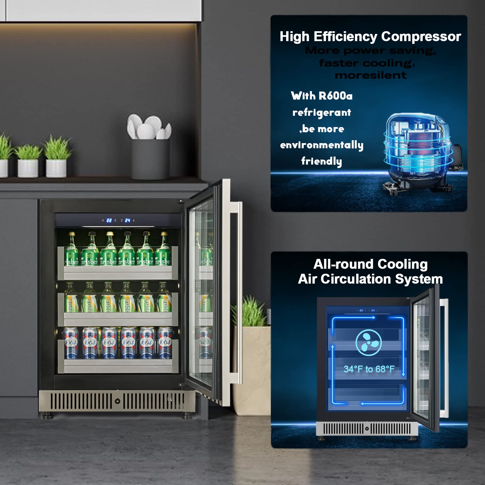 MGMEDOS Beverage Refrigerators 24 Inch Built-in Freestanding Stainless Steel Mini Fridge Beverage Cooler (Glass Door)