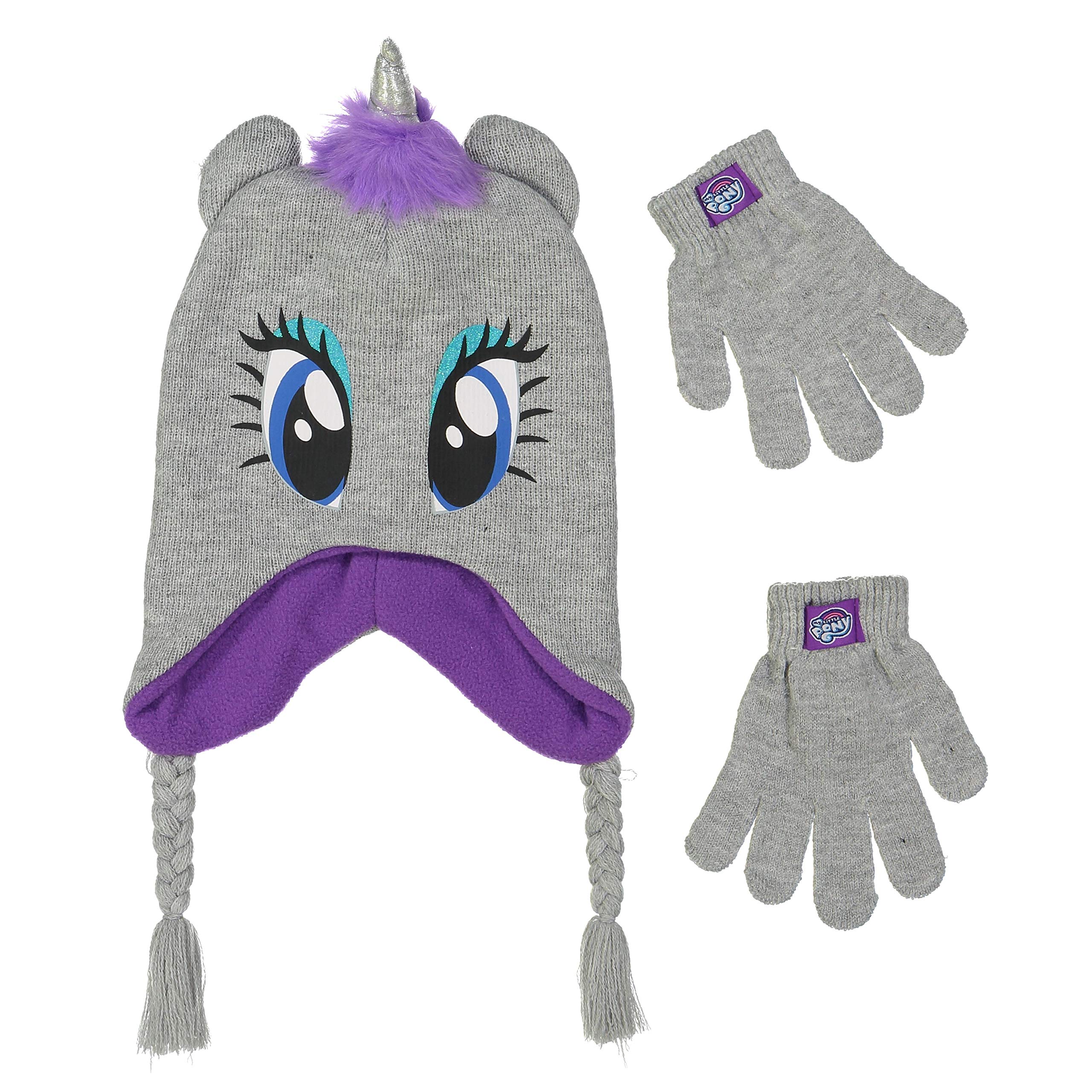 Girls Knitted Animal Beanie Winter Hat and Glove Set Purple Unicorn