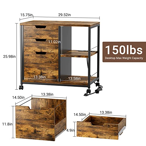 YaFiti Wood File Cabinet for Home Office, 3 Drawer Lateral Filing Cabinets for Printer Stand with Storage and Socket USB Charging Port fits A4 or Letter Size, Rustic Brown