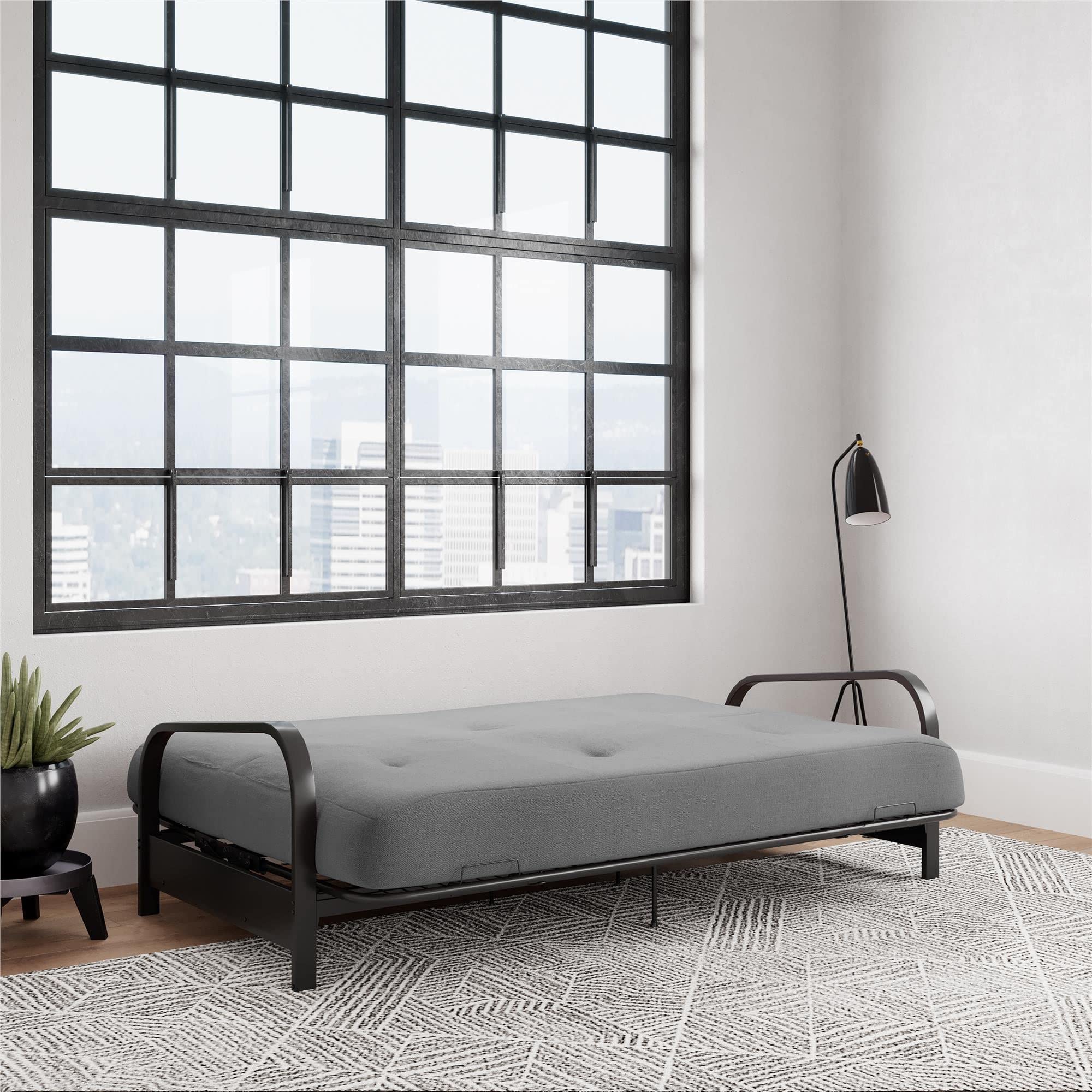 ASQUAN Black Metal Arm Full Size Futon Frame with 6β Gray Mattress