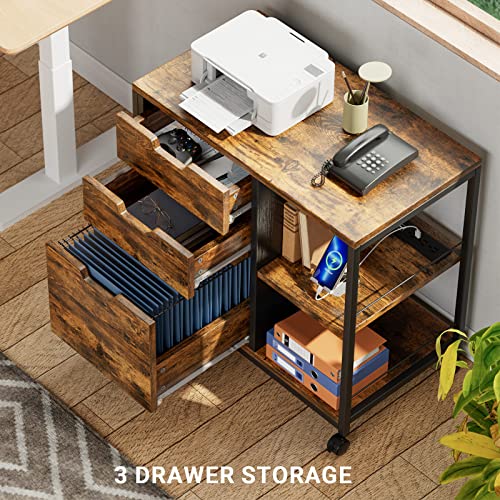 YaFiti Wood File Cabinet for Home Office, 3 Drawer Lateral Filing Cabinets for Printer Stand with Storage and Socket USB Charging Port fits A4 or Letter Size, Rustic Brown
