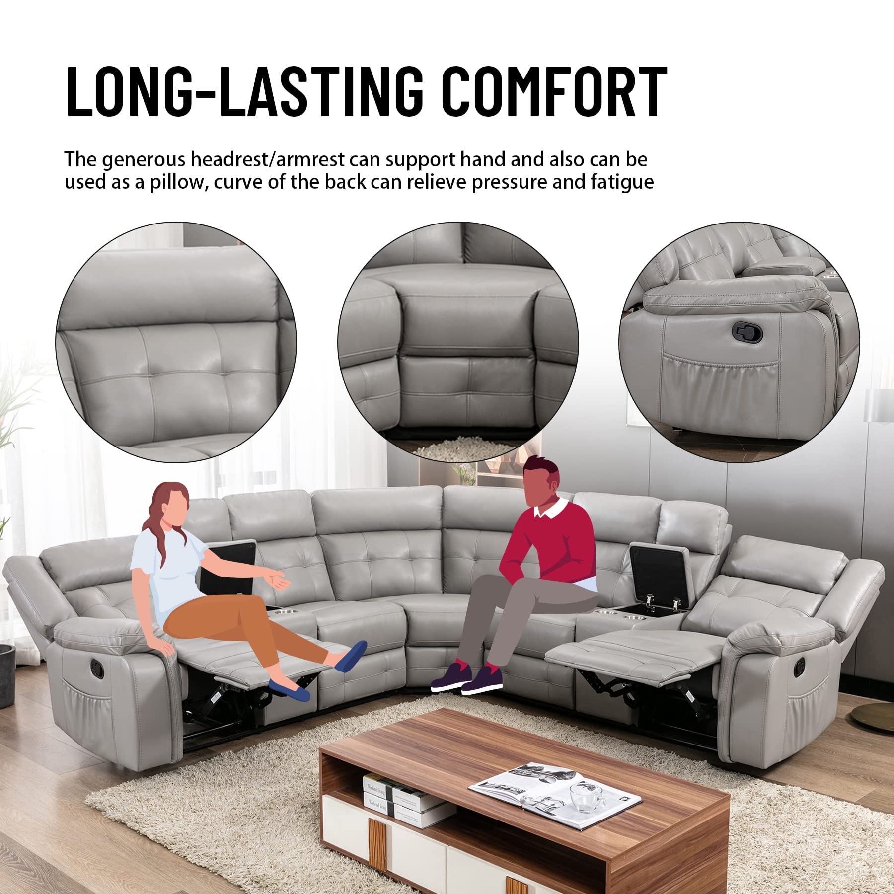 Nathaniel Home PU Leather Sectional Sofa Set with 2 Consoles Fashion Living Room Recliner Chair with Storage Box, L-Shaped Corner Couch with Cup Holders, Foggy Grey