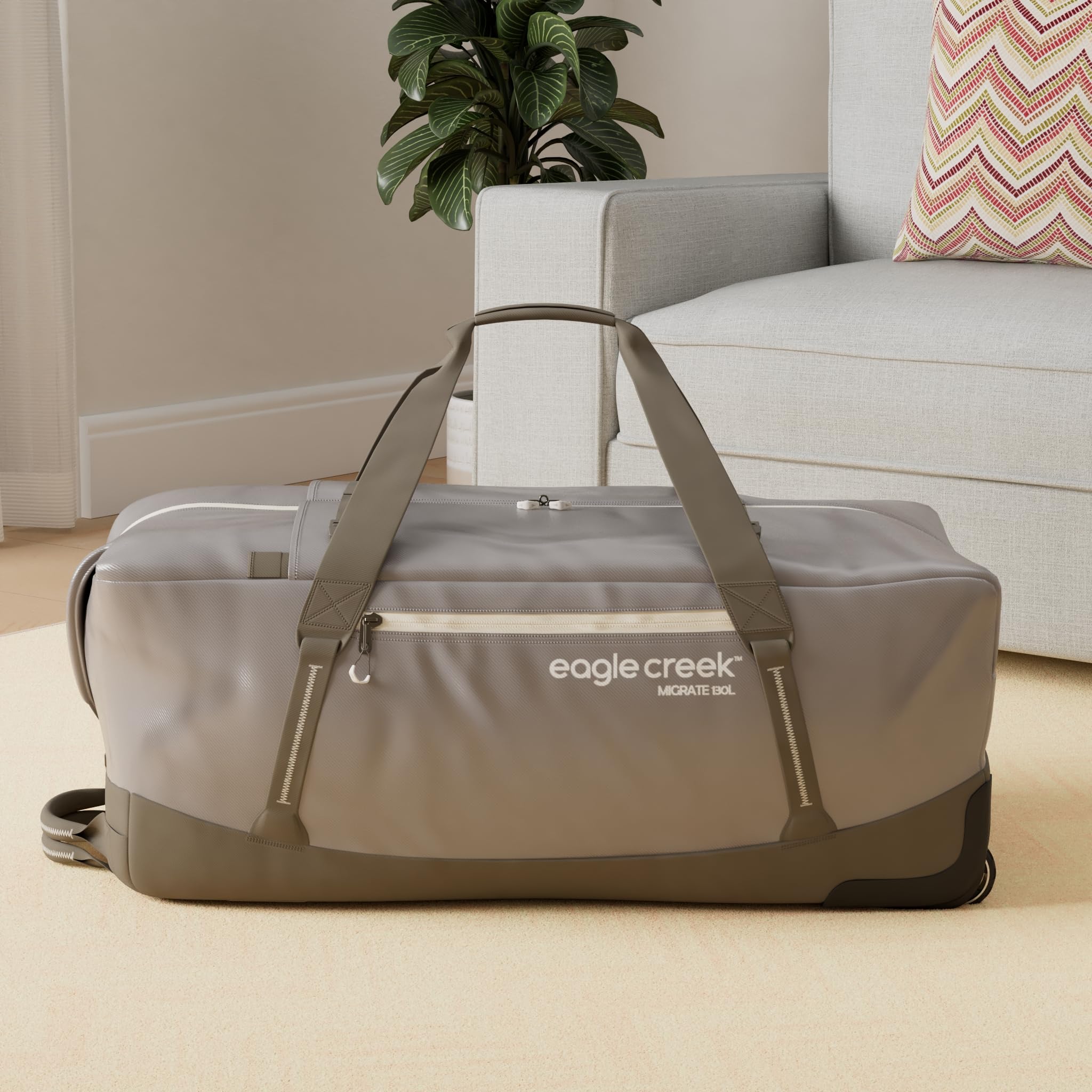 Eagle Creek Migrate 130L Rolling Duffle Bag with Wheels, Tuck-Away Backpack Straps, Wide-Mouth Main Compartment, Quick-Access Front Pocket & Bathtub Bottom, River Rock
