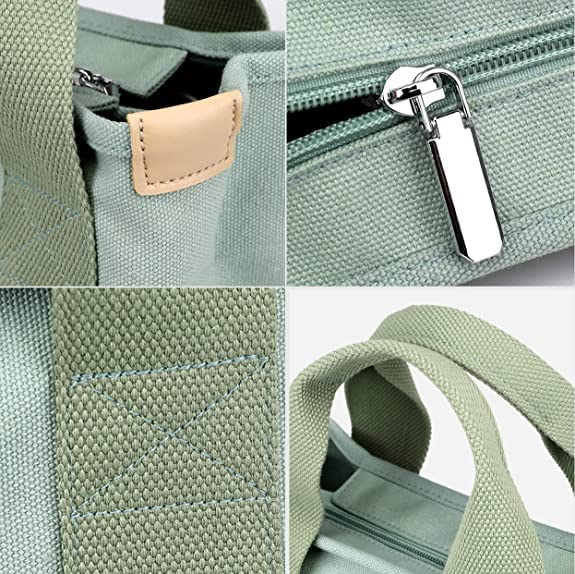 Small Canvas Tote Bag for Women Mini Tote Bags with Pockets Small Canvas Handbag Tote Bag with Zipper Mini Tote Purse Mini Travel Bag with Compartments,without Shoulder Strap,Green