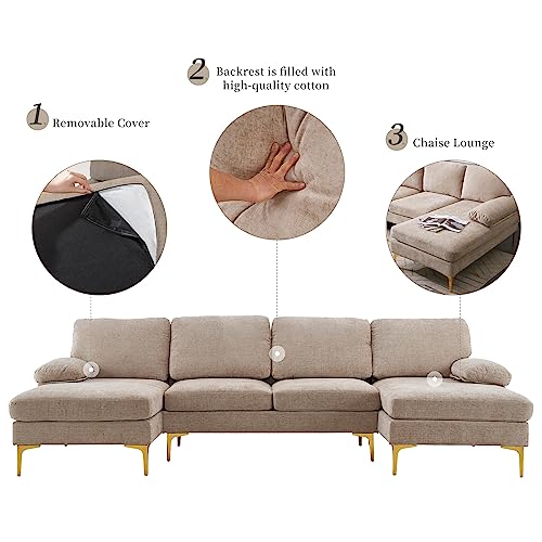 VERYKE U Shape Sectional Sofa Couch,Modern 110'' Chenille Fabric Sectional Couch Sofa, Upholstered Sofa Bed with Golden Metal Legs for Living Room