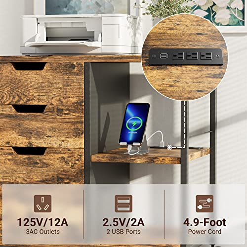 YaFiti Wood File Cabinet for Home Office, 3 Drawer Lateral Filing Cabinets for Printer Stand with Storage and Socket USB Charging Port fits A4 or Letter Size, Rustic Brown