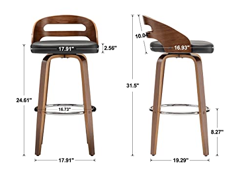 Bar Stools Set of 2, Swivel Bar Height Stools with Walnut Bentwood, Low Back, Upholstered Faux Leather, Soft Cushion Seat, Mid Century Bar Stools for Kitchen/Island/Counter (Black, 25" Seat Height)