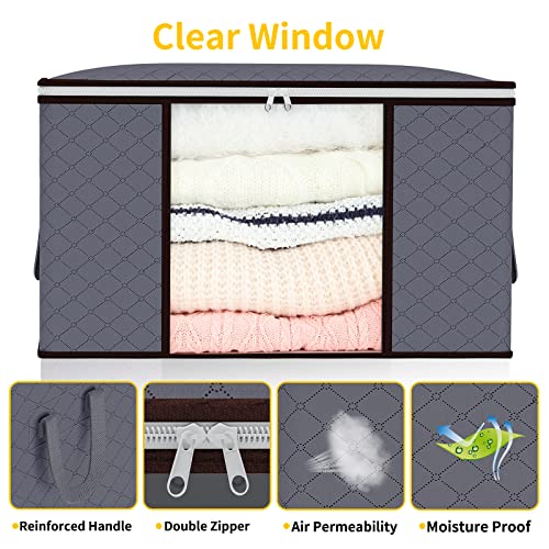 YearningHome 6Pack 90L Storage Bag for Clothes Large Capacity Storage Containers with Reinforced Handle Foldable Closet Organizer for Comforters, Blankets, Bedding, Sweater with Sturdy Zipper, Clear Window, Grey
