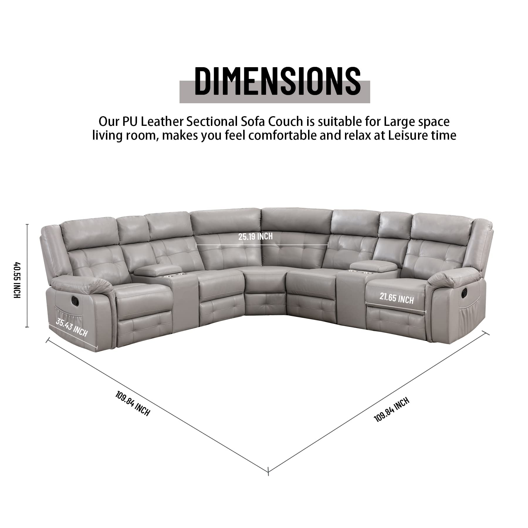 Nathaniel Home PU Leather Sectional Sofa Set with 2 Consoles Fashion Living Room Recliner Chair with Storage Box, L-Shaped Corner Couch with Cup Holders, Foggy Grey