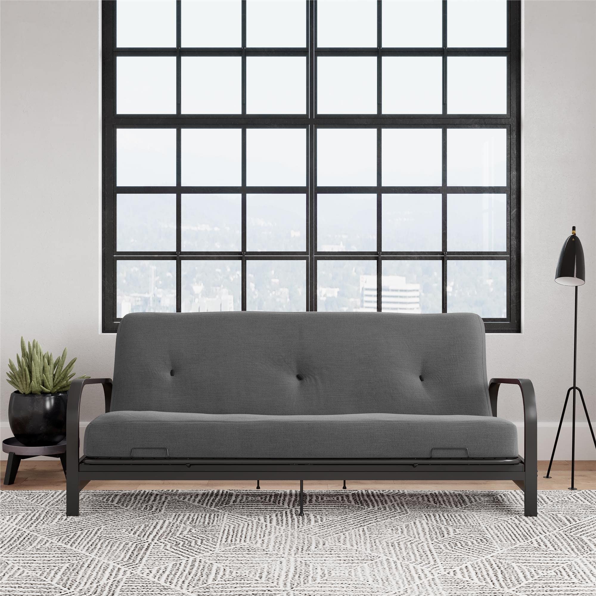 ASQUAN Black Metal Arm Full Size Futon Frame with 6β Gray Mattress