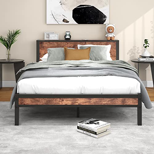Diolong Queen Bed Frame with Wood Headboard and Footboard, Platform Bed Frame with Storage Shelf, Heavy Duty/Reinforced Support Leg/Mattress Foundation/No Box Spring Needed/Vintage Brown
