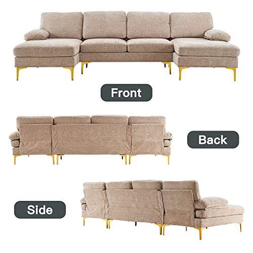 VERYKE U Shape Sectional Sofa Couch,Modern 110'' Chenille Fabric Sectional Couch Sofa, Upholstered Sofa Bed with Golden Metal Legs for Living Room