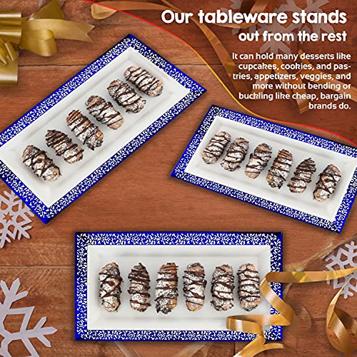 Yumchikel -Plastic Serving Tray & Platter Set (4pk)- Blue & White Lace Rim Disposable Serving Trays & Platters for Food - Weddings, Thanksgiving Parties, Dessert Table, Cupcake Display- 7.5x14 inches